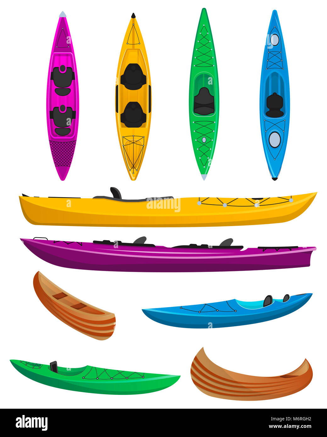 Plastic colorful kayaks with isolated set. Rafting, kayaking, paddling ...