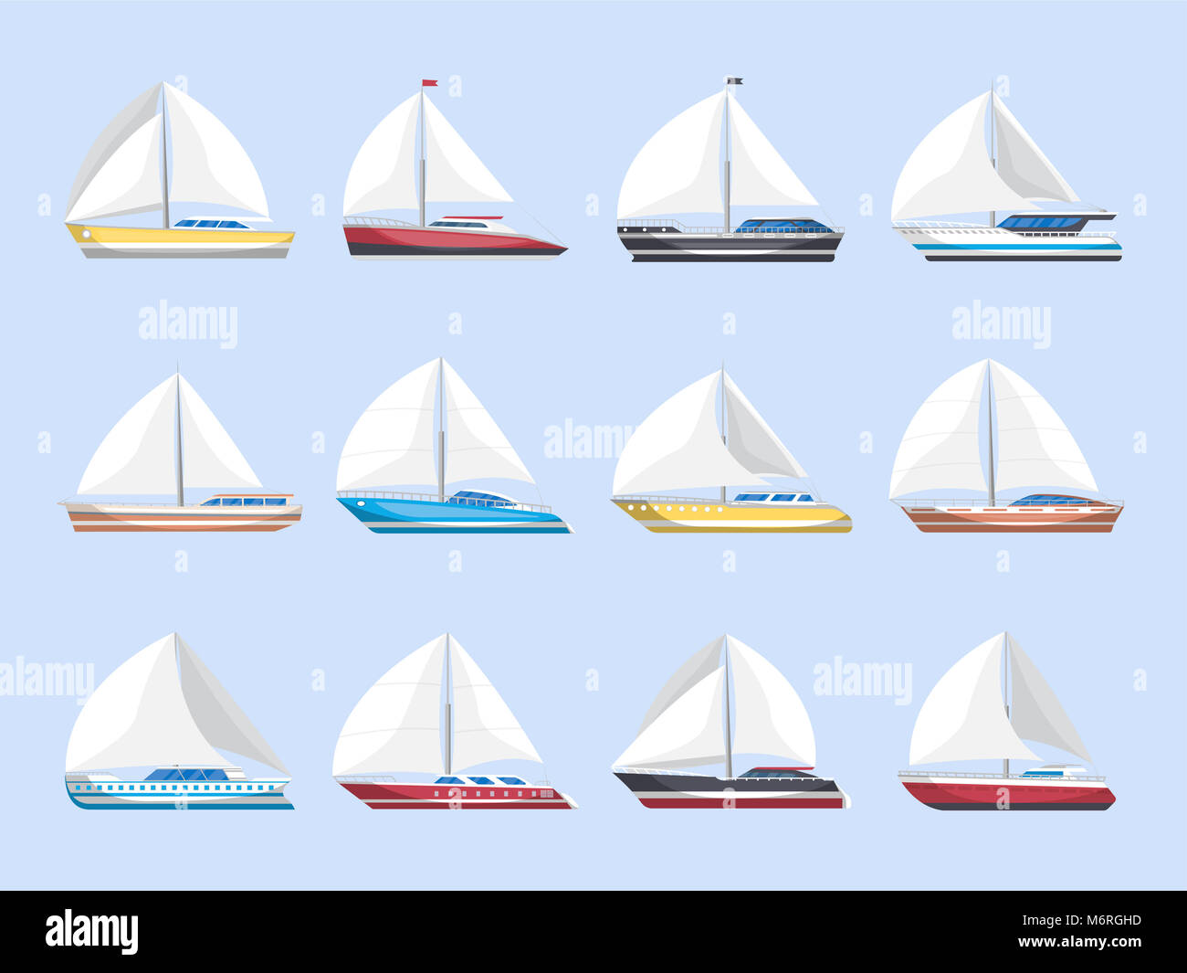 Sea sailboats side view isolated set. Luxury and speedy sail yachts ...