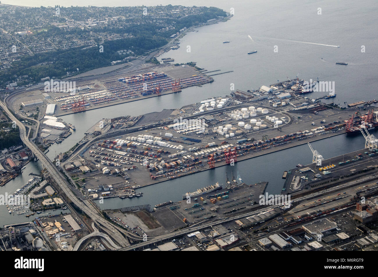 Seattle, Washington. Aerial view of Harbor Island and the Port of ...
