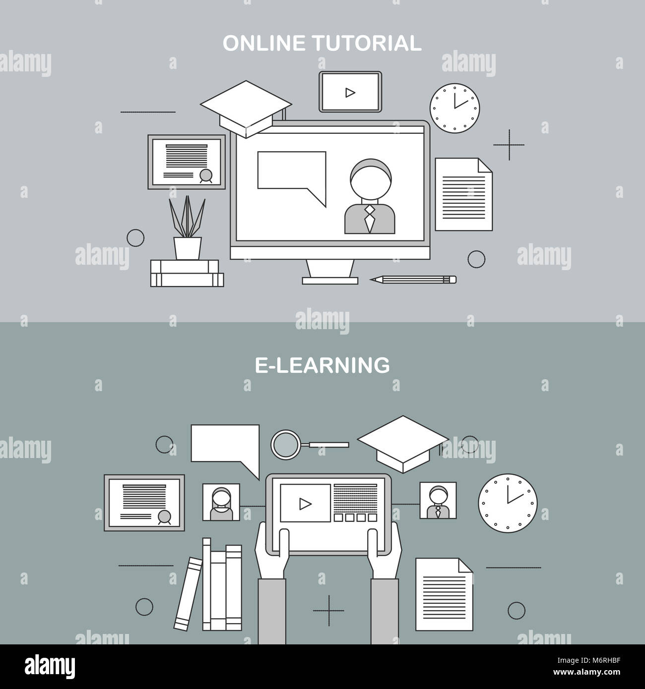 Flat design linear illustration concepts of online learning, distance ...