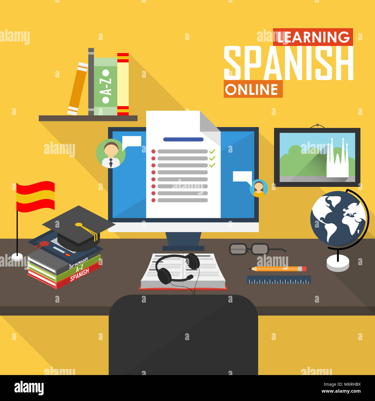 Flat design illustration concept of learning Spanish language online ...
