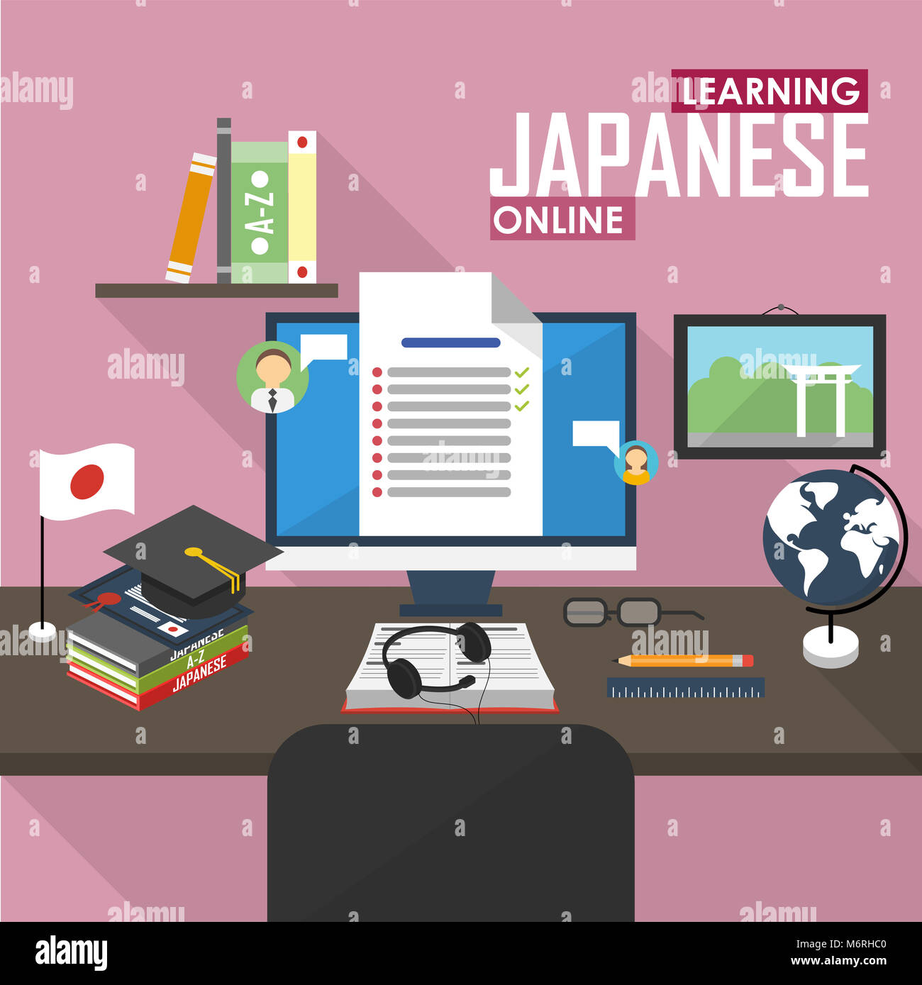 Flat design illustration concept of learning Japanese language online ...