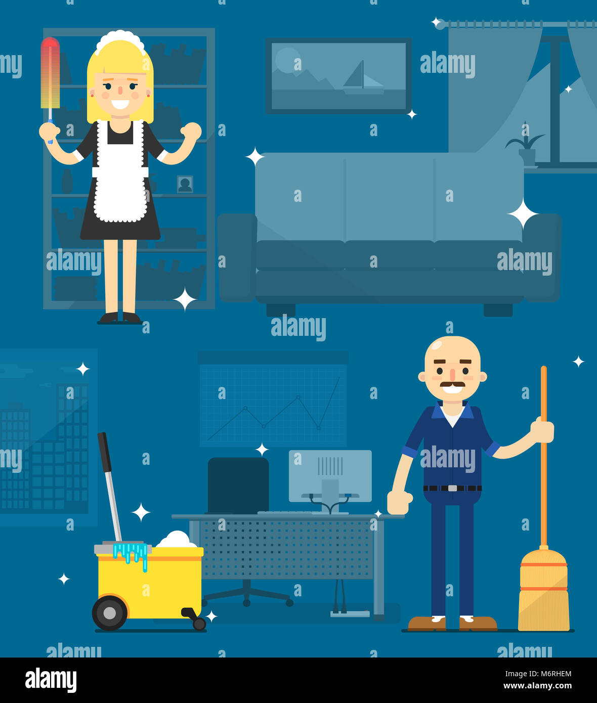 Two cleaner on abstract office. Silhouette of office space. Night ...