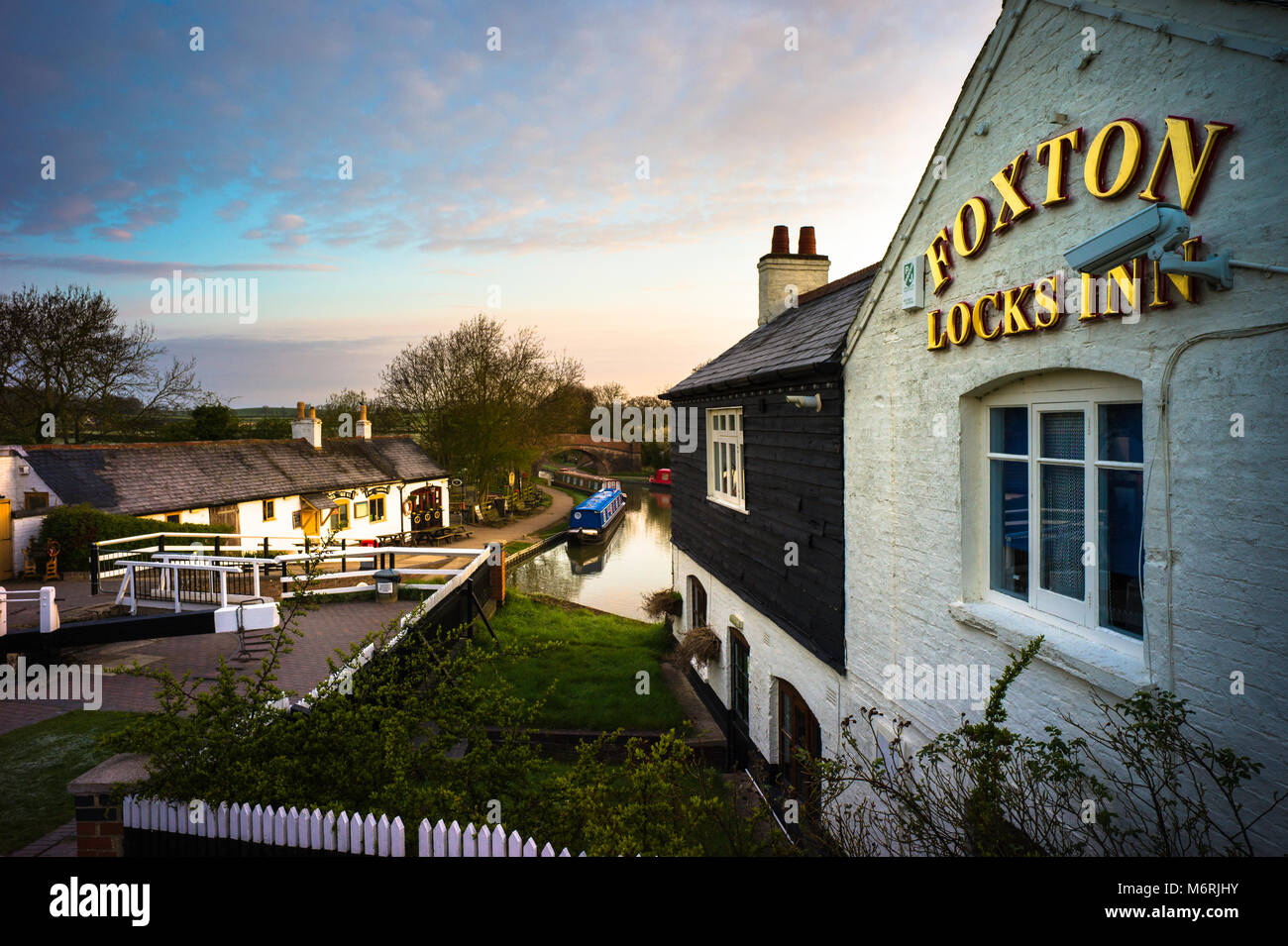 The pub at Foxton Locks and a view of the Grand Union Canal behind ...