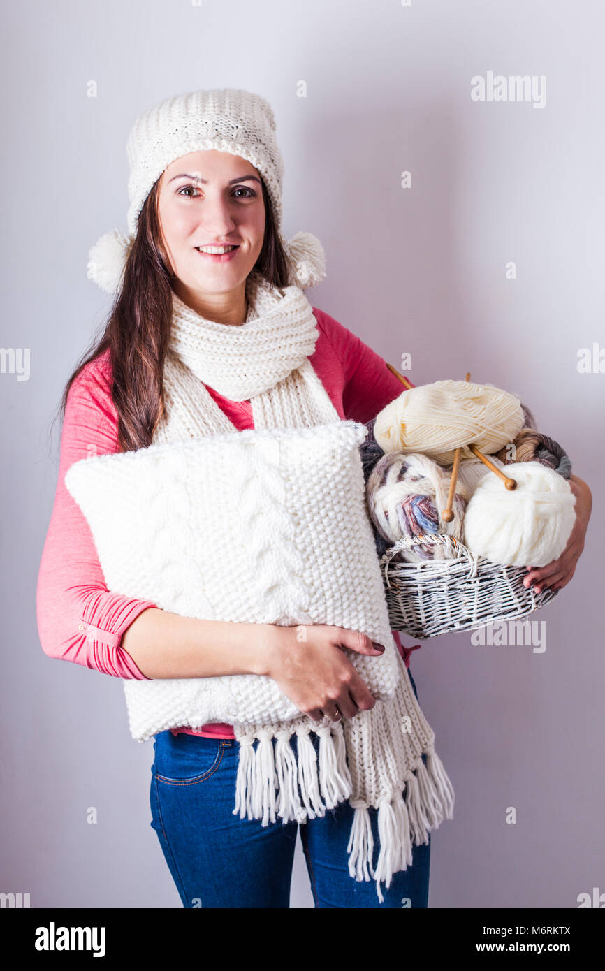 Woman with pillow Stock Photo - Alamy