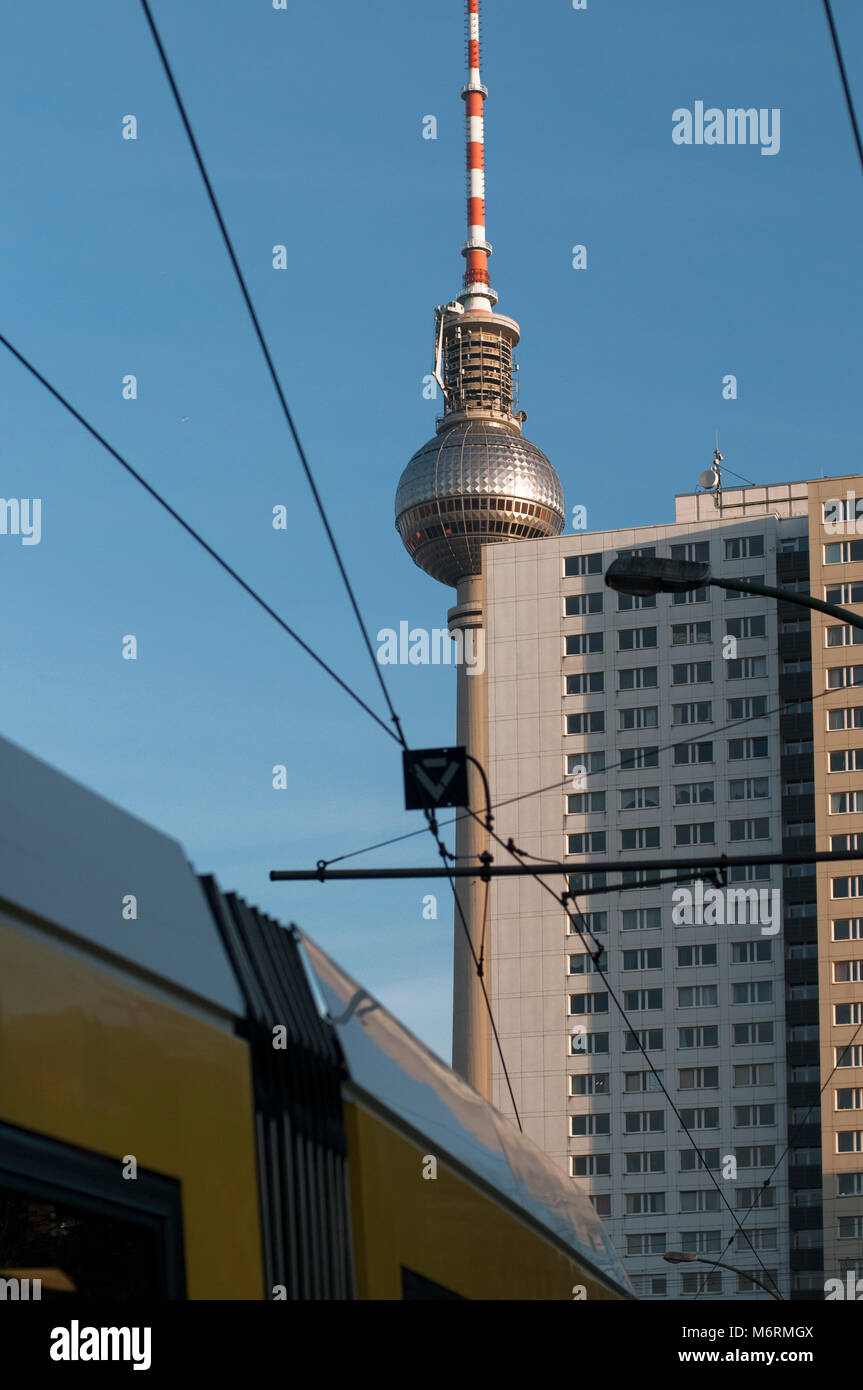streetcar passes Hackescher Markt in Berlin with TV tower in the ...