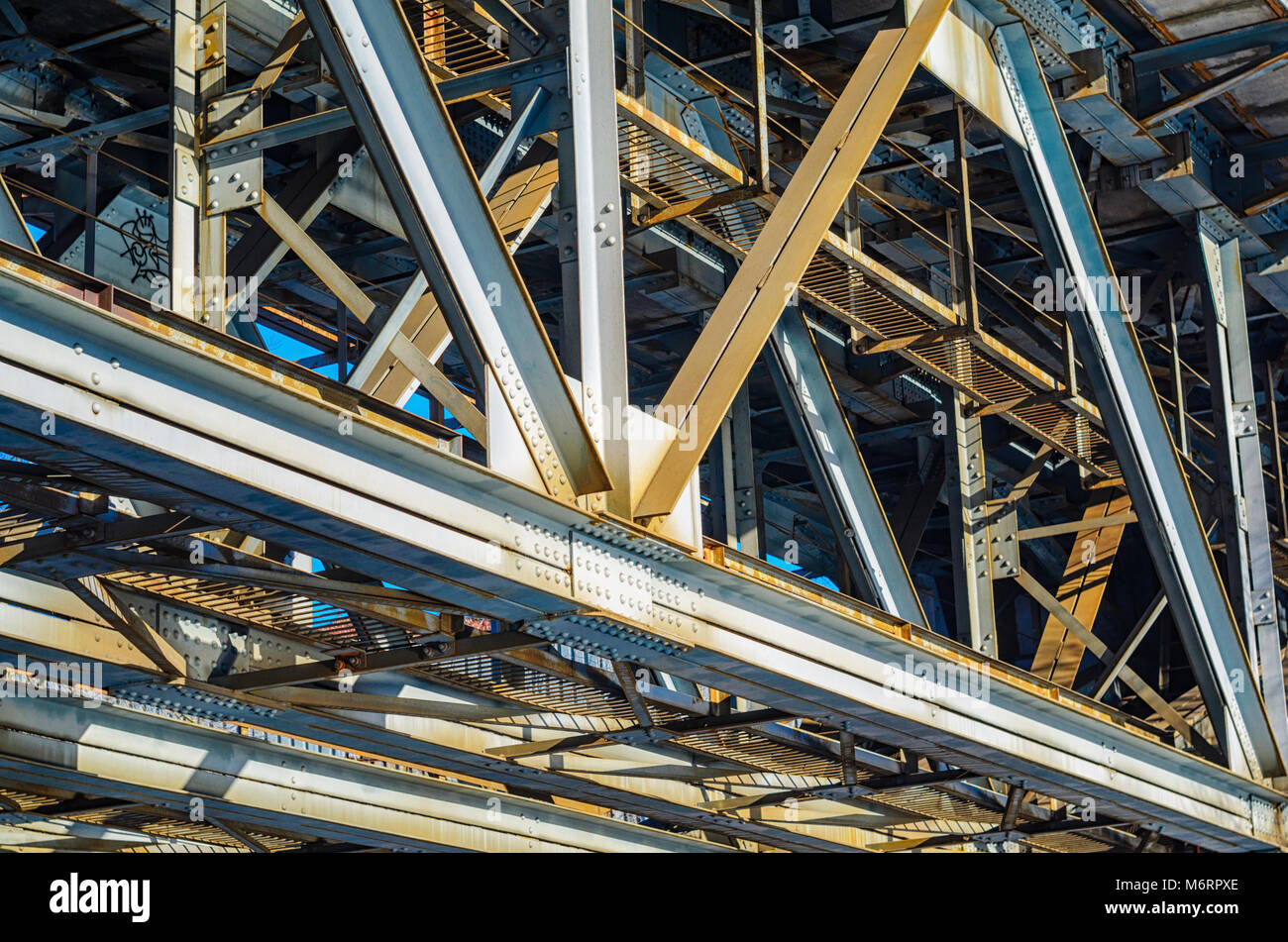 The structural elements of the railway steel bridge. Industrial ...