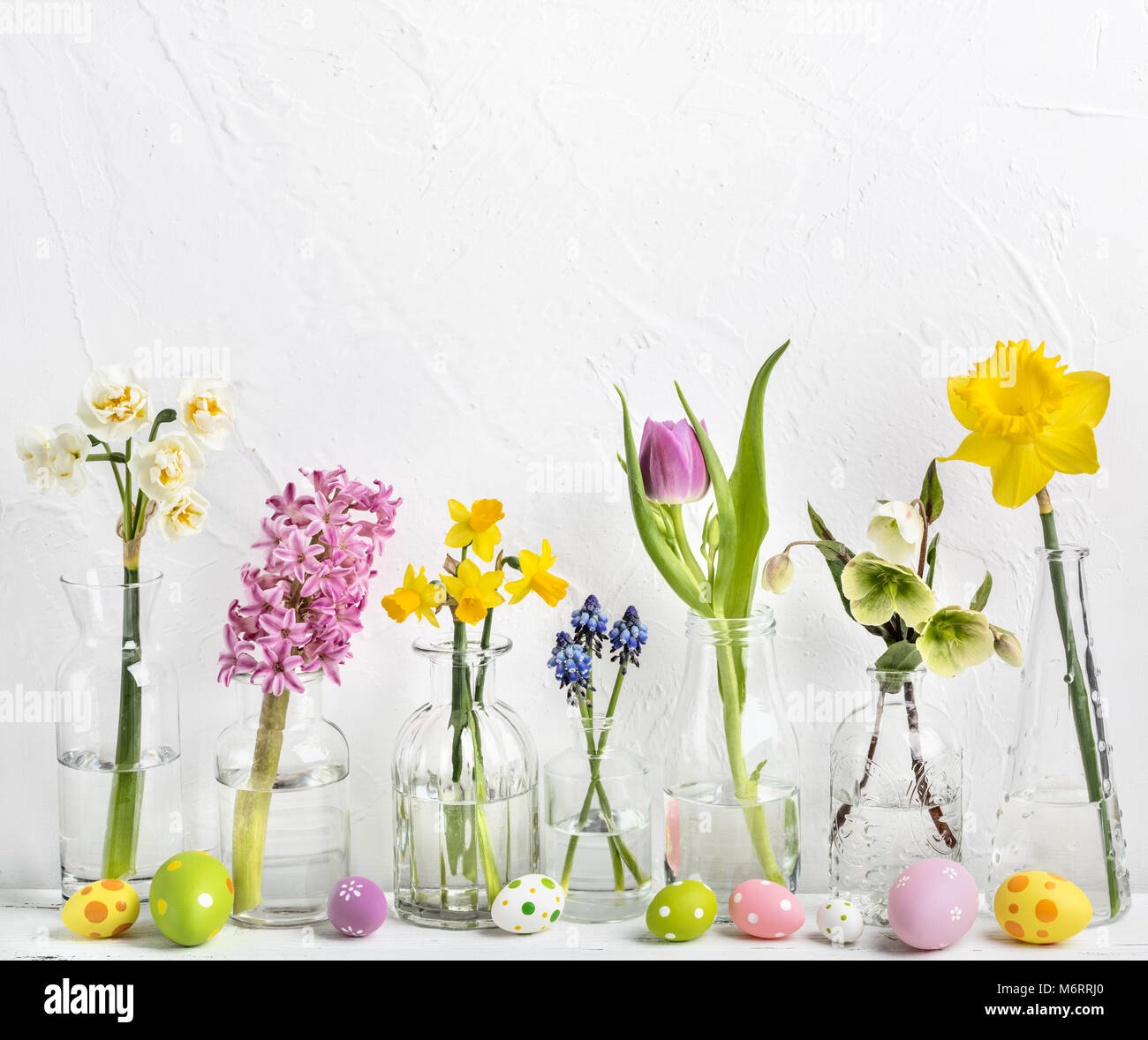 Spring flowers in different glass vases Stock Photo - Alamy