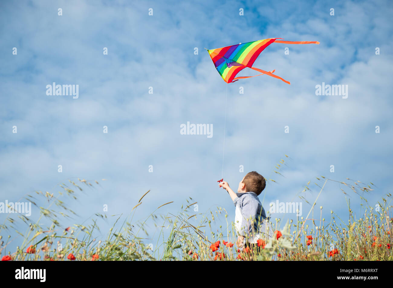 little caucasian boy holds string of kite flying in blue sky with ...