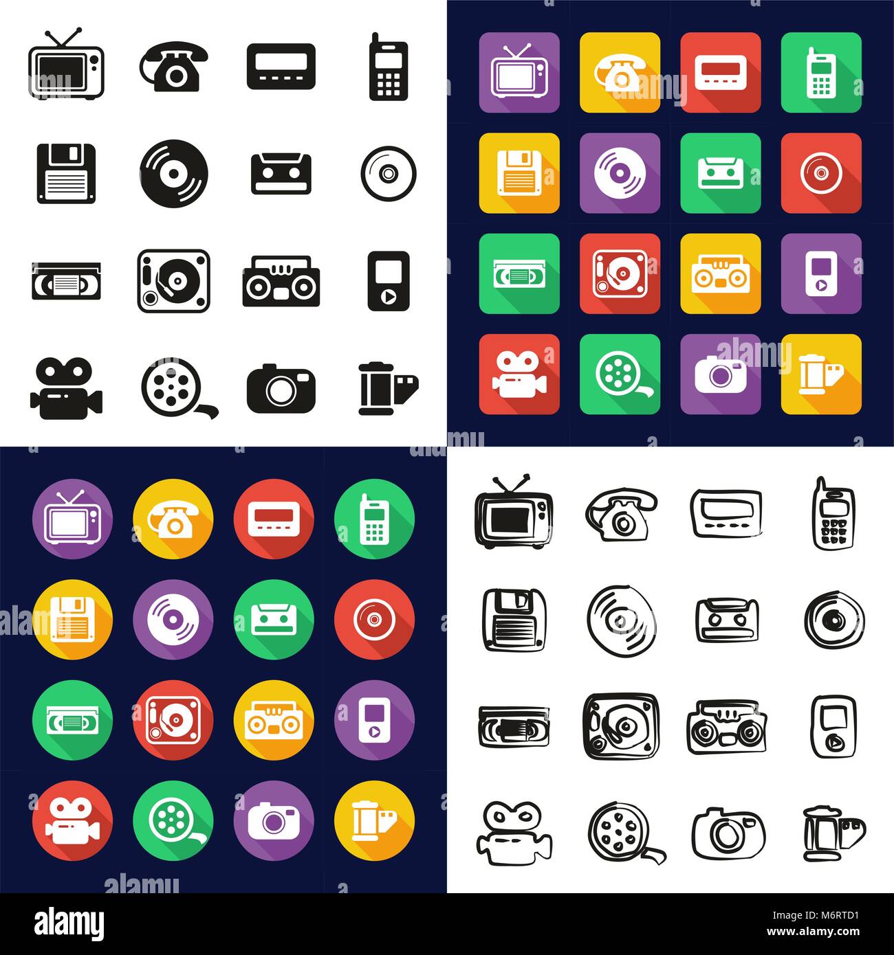 Old Technology All in One Icons Black & White Color Flat Design ...