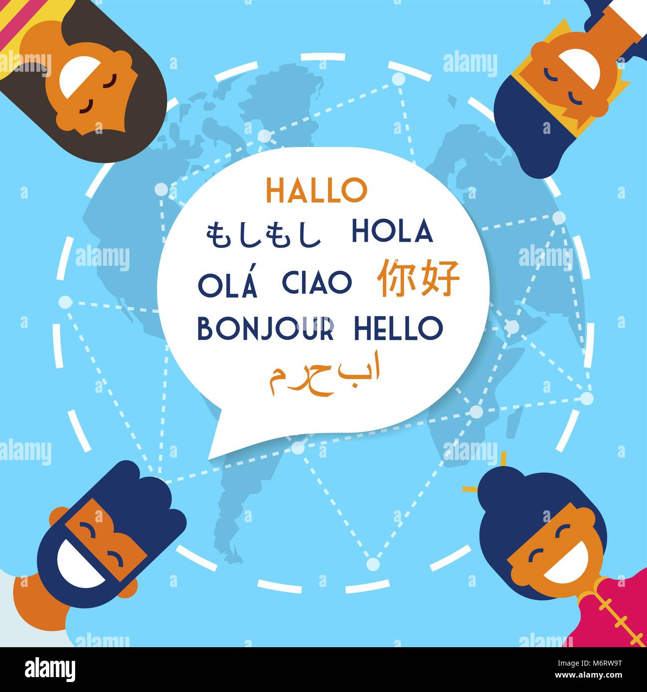 Diverse ethnic group of friends talking in different languages on ...