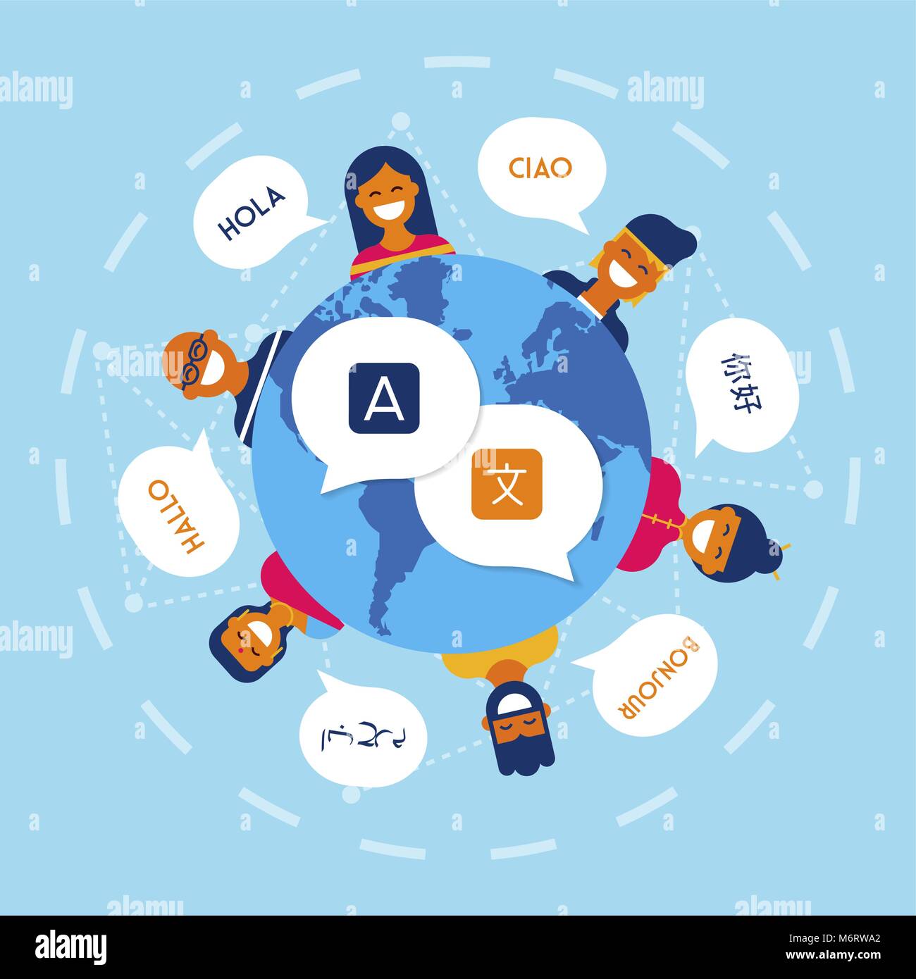 Diverse ethnic group of friends talking in different languages on ...