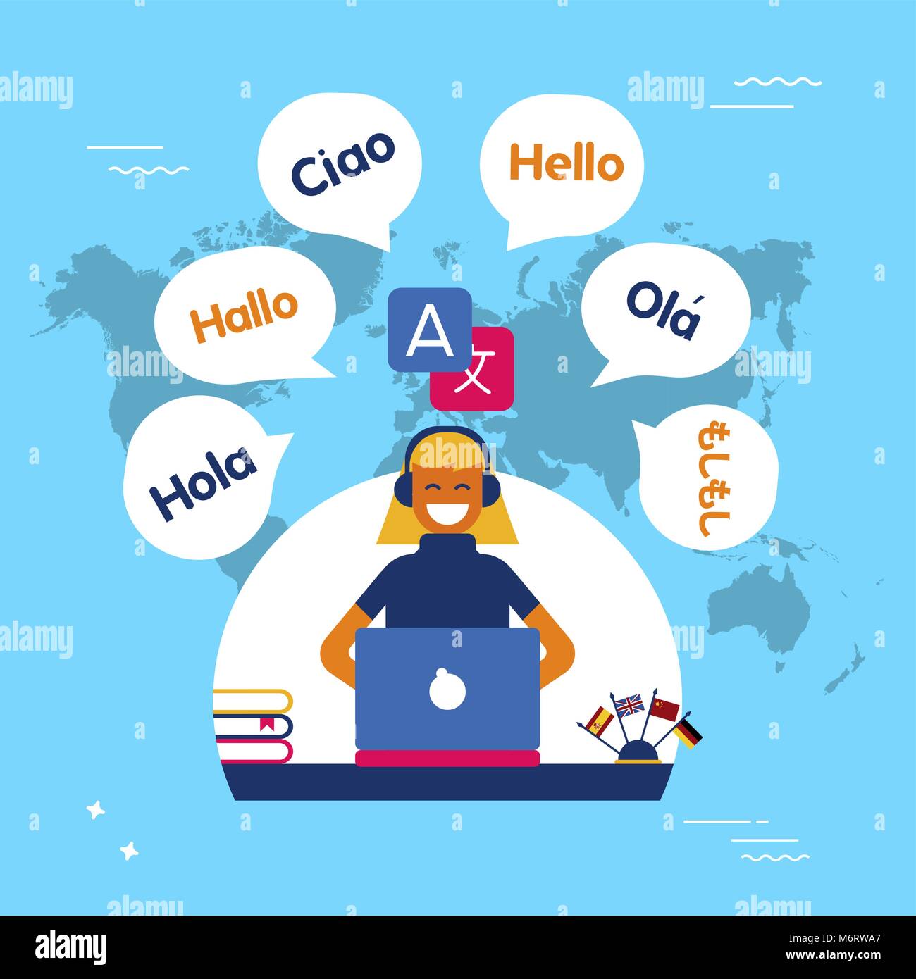 Translation service online concept illustration. Girl on computer using ...