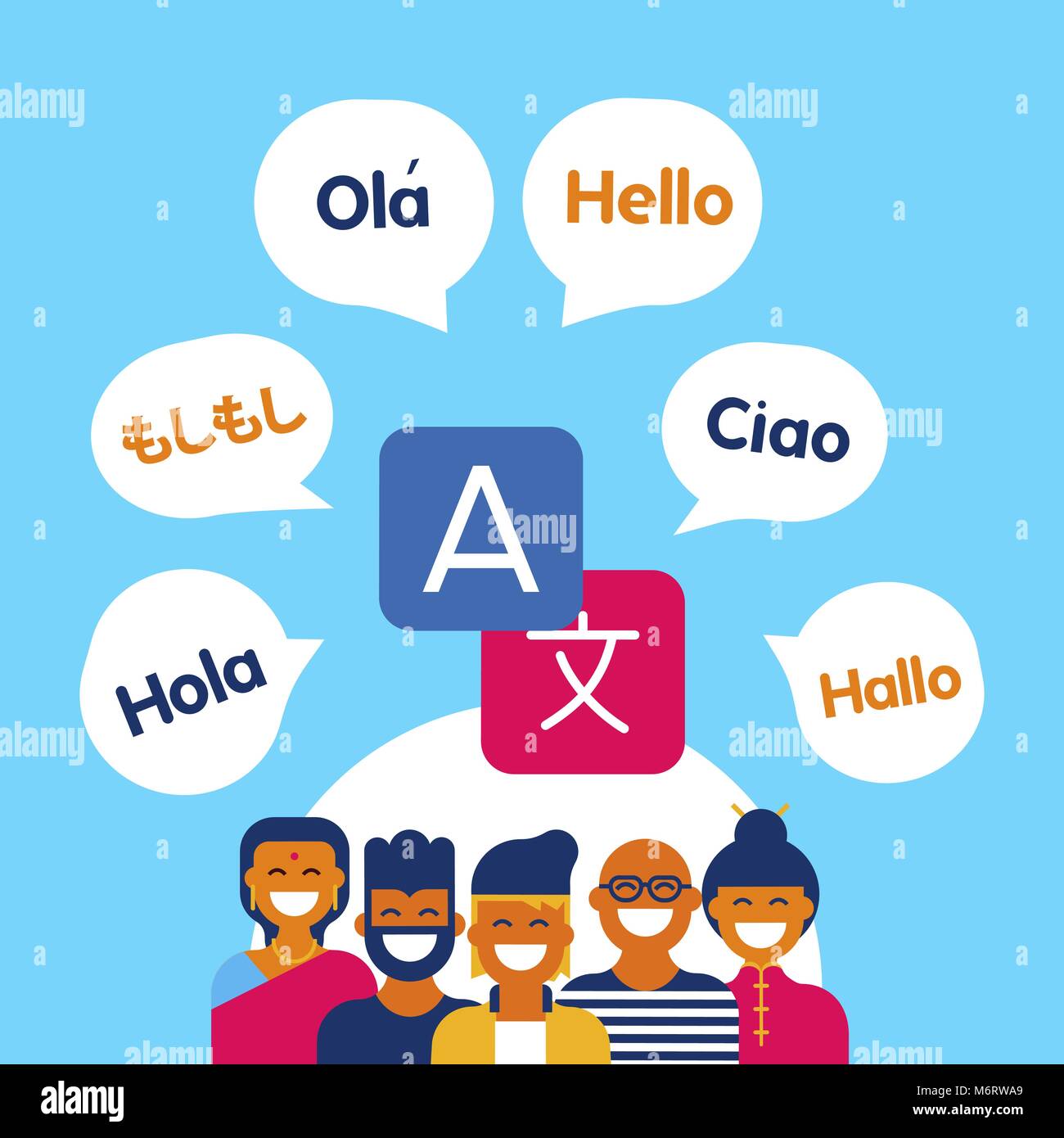 Diverse ethnic group of friends talking in different languages on ...