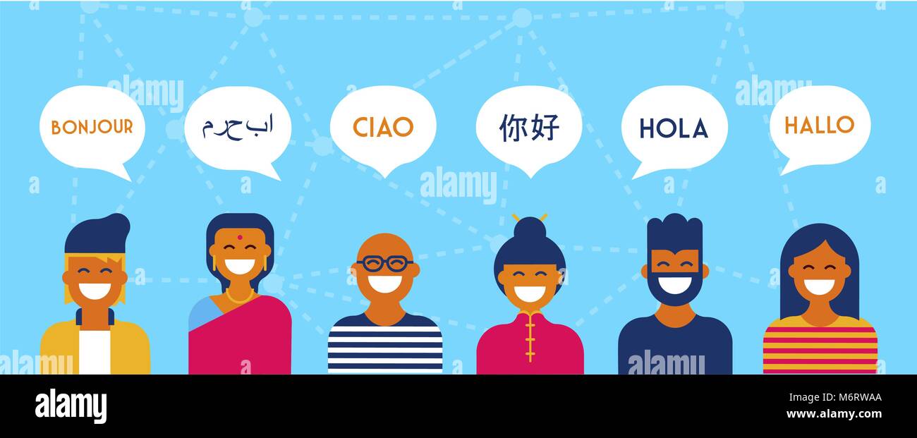 Diverse group of people talking in different languages. Multi cultural ...