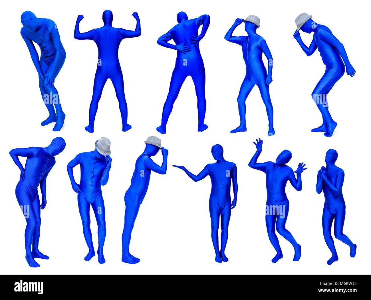Set of man in blue costume in various poses Stock Photo - Alamy