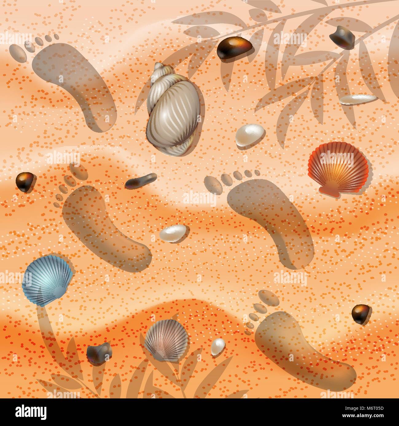 Hello, summer. Summer background sand, seashell and footprints in the ...