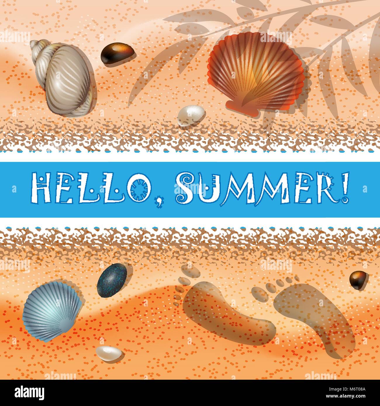 Hello, summer. Summer background sand, seashell and footprints in the ...