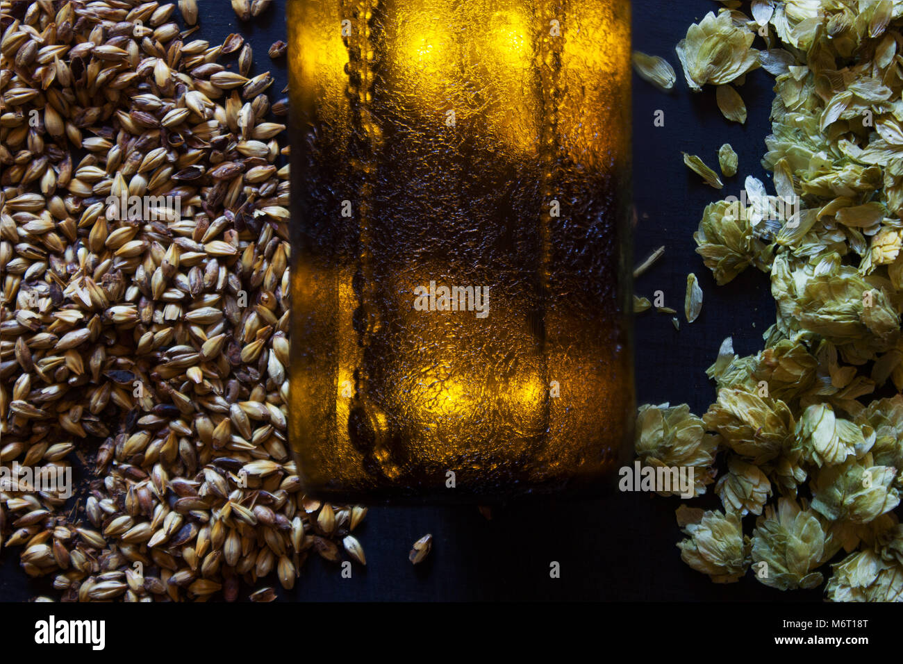 top view of beer brewing ingredients on blackboard, malt, barley Stock ...
