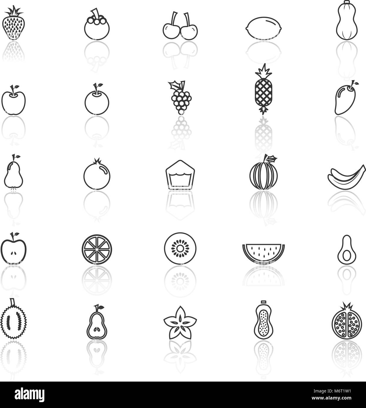 Fruit line icons with reflect on white background, stock vector Stock ...