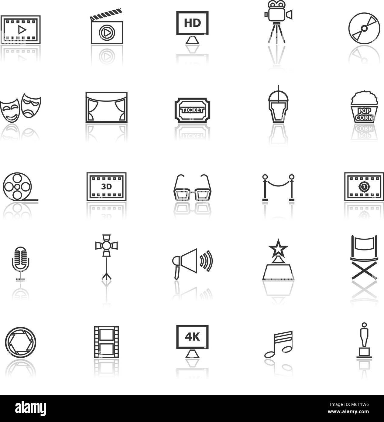 Movie line icons with reflect on white background, stock vector Stock ...