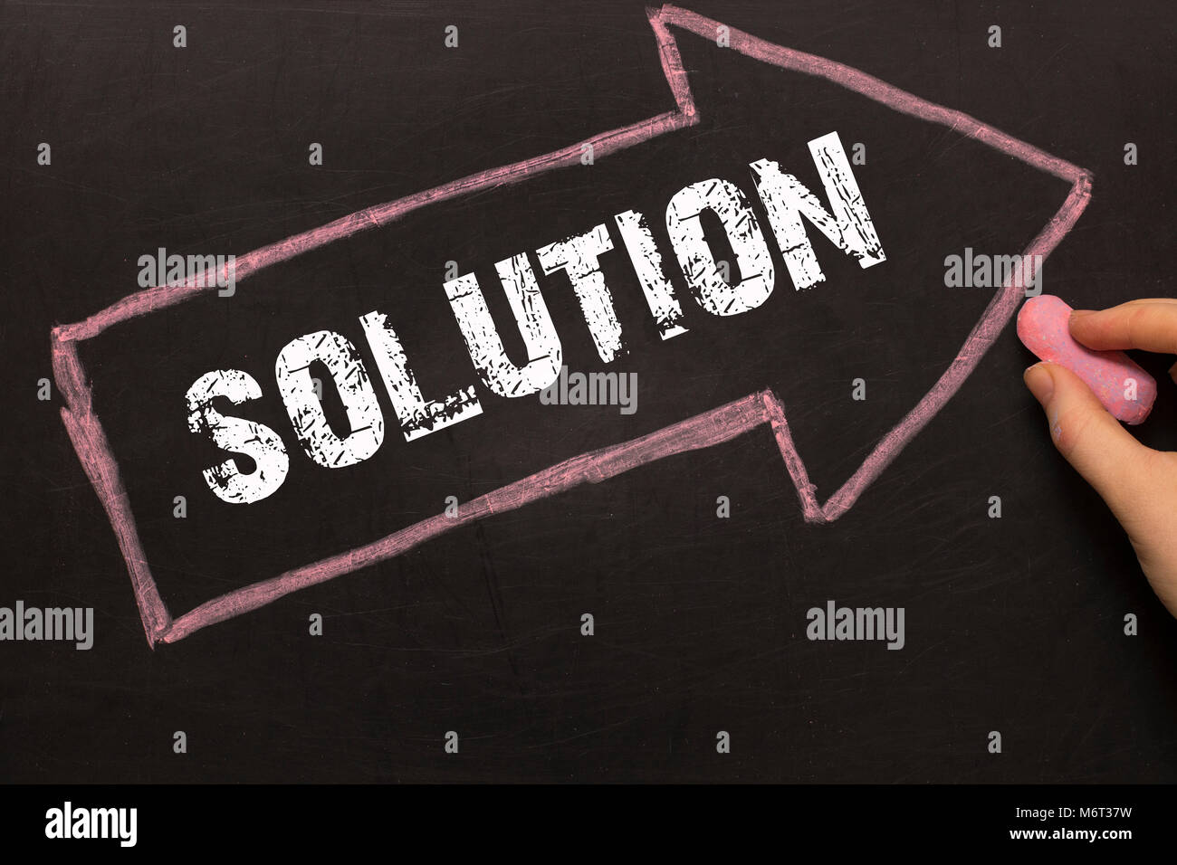 Solution - female hand with chalk and arrow with text Stock Photo - Alamy