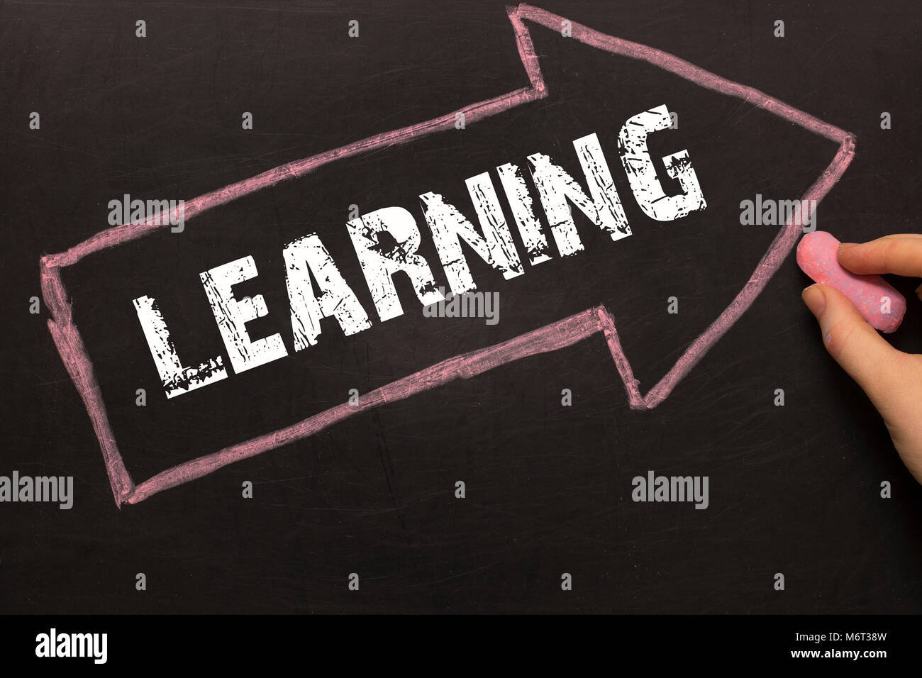 learning - Chalkboard with arrow on black background Stock Photo - Alamy