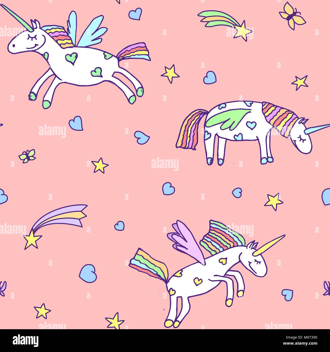 Vector Illustration Of Seamless Pattern From Cute Unicorns On Pink