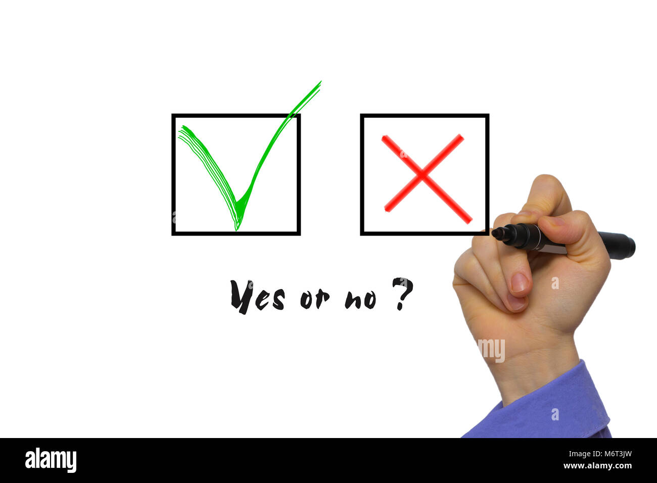 Yes No tickbox with green red tick. Hand holding marker isolated on ...