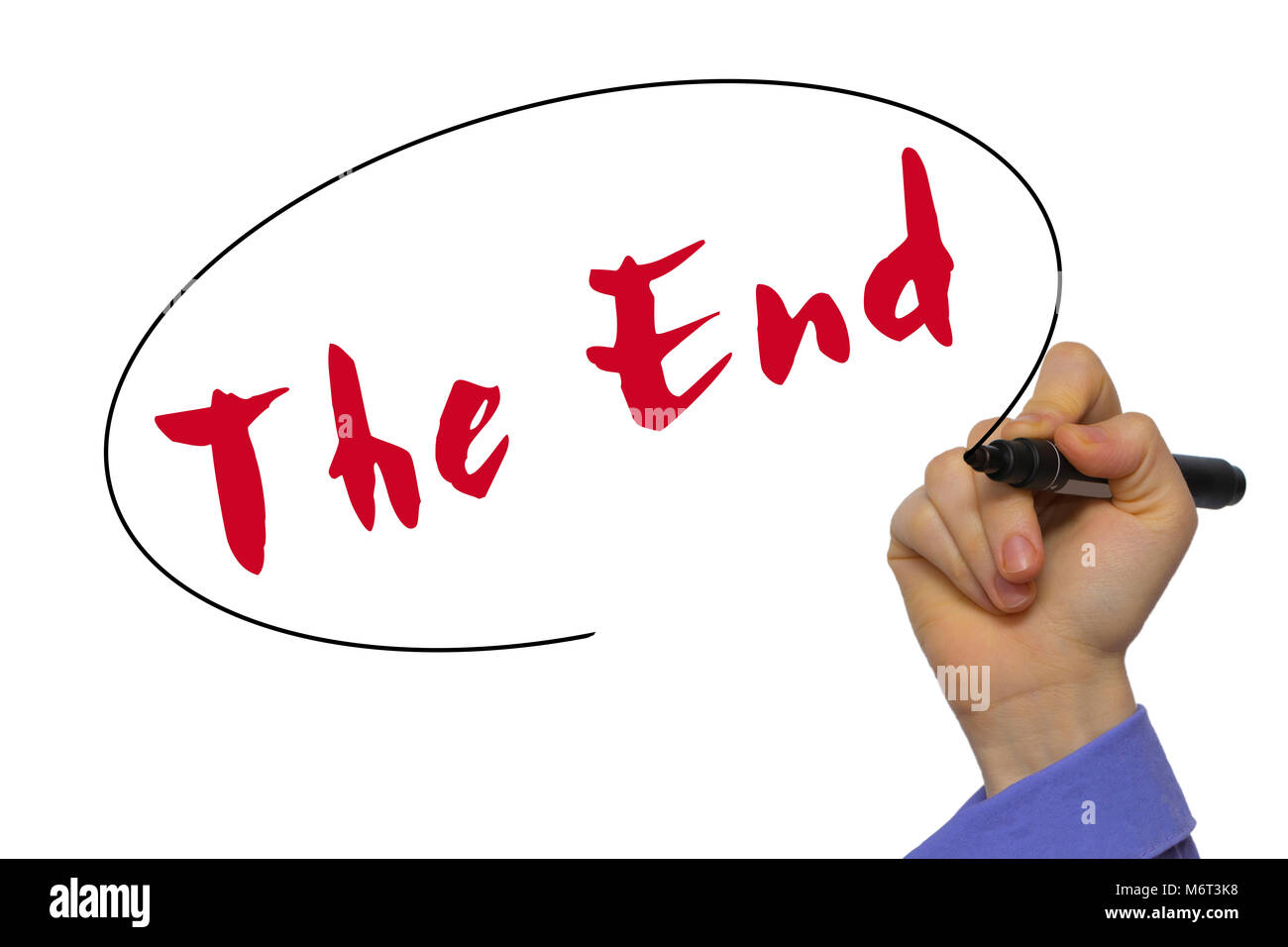 Woman Hand Writing The End on blank transparent board with a marker ...