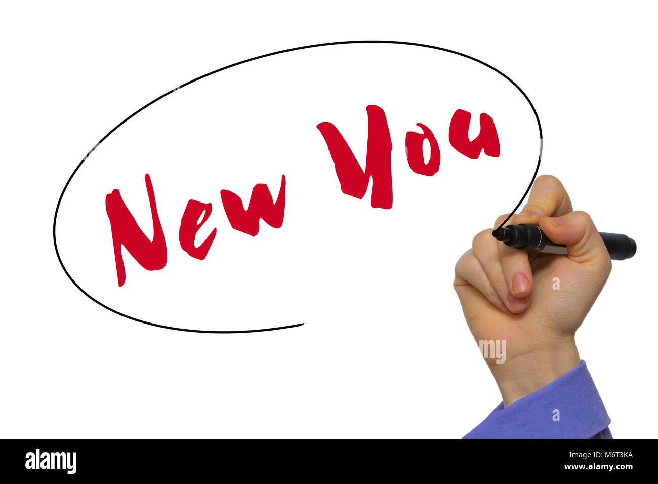 Woman Hand Writing New You on blank transparent board with a marker ...