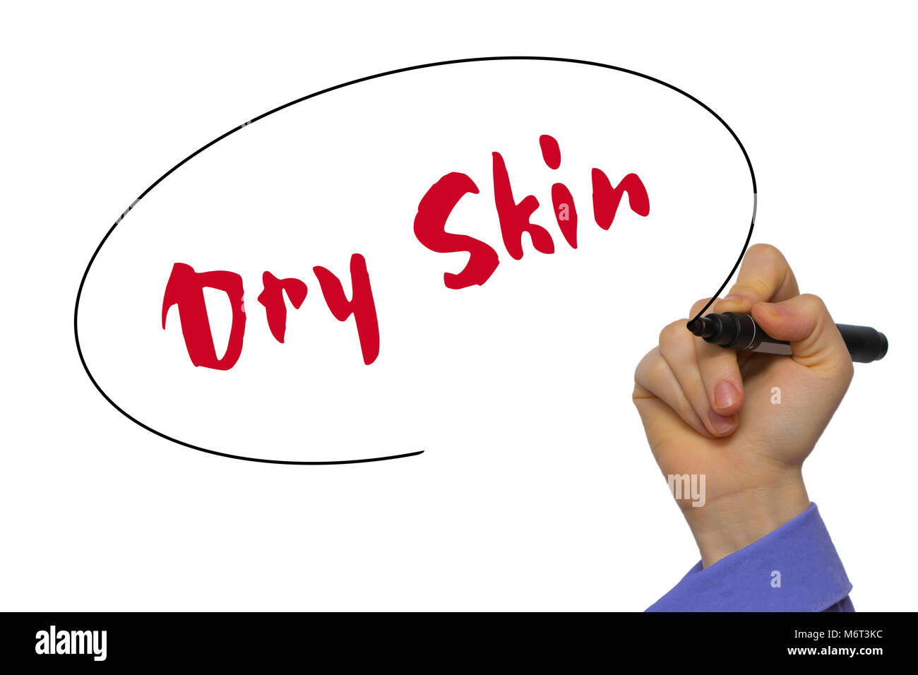 Woman Hand Writing Dry Skin on blank transparent board with a marker ...