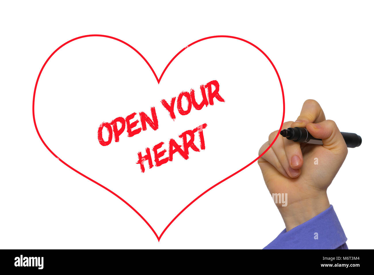 Man Hand writing Open your heart with marker on transparent wipe board ...