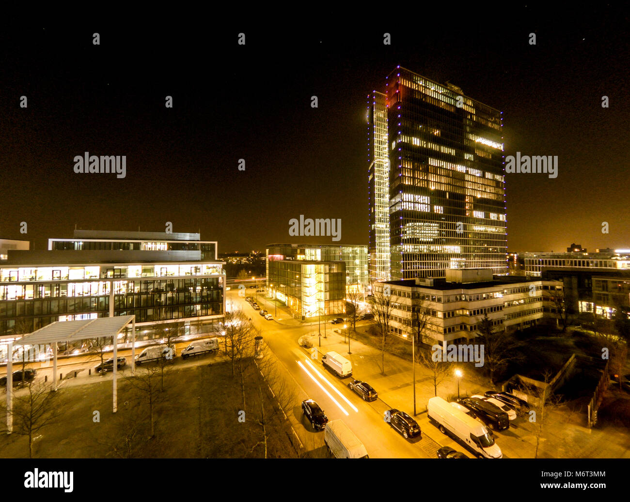 Aerial of Business Skyscrapers during night Stock Photo - Alamy