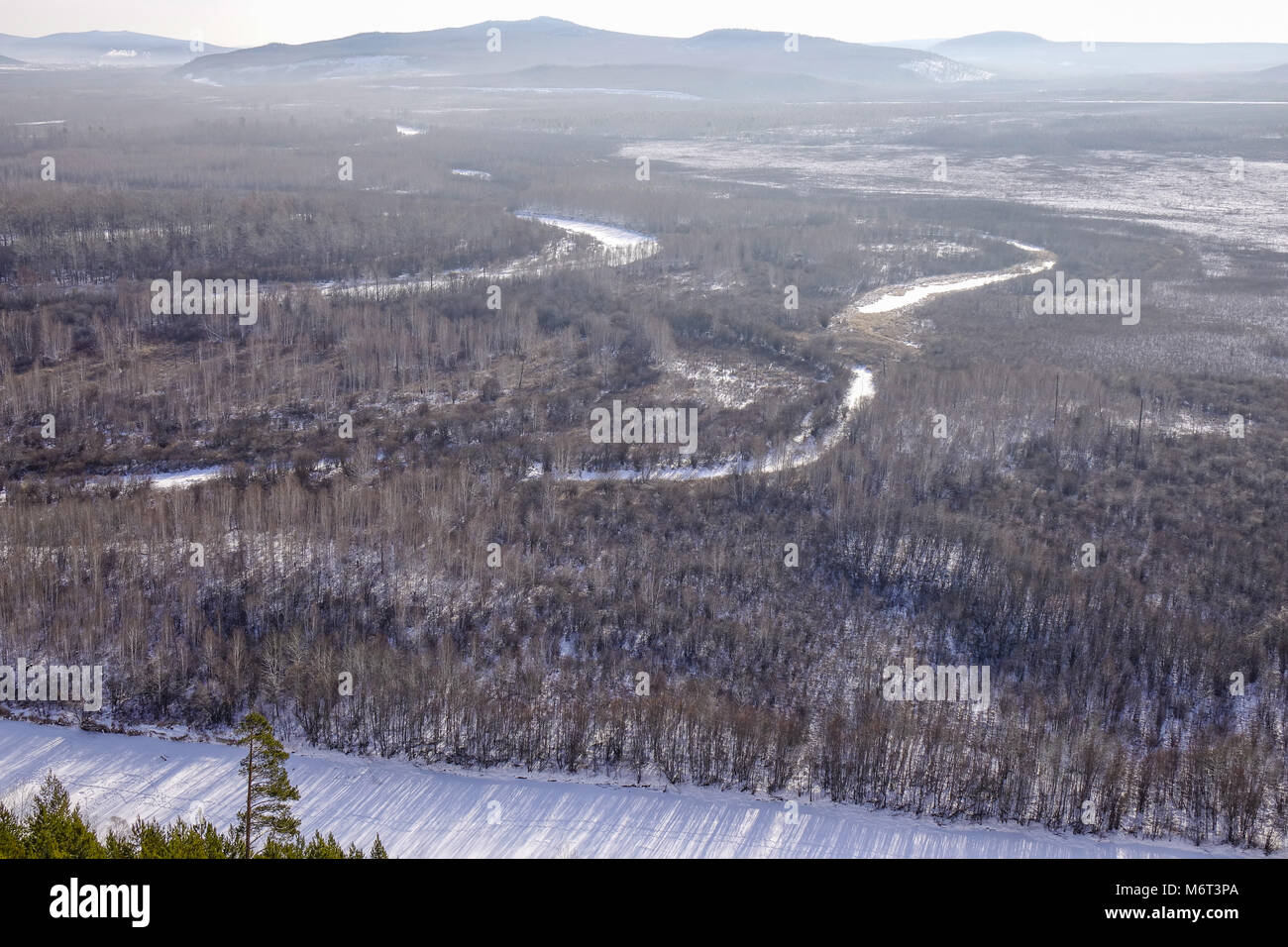 Winter scenery with pine tree forest and snow mountains in Mohe County ...