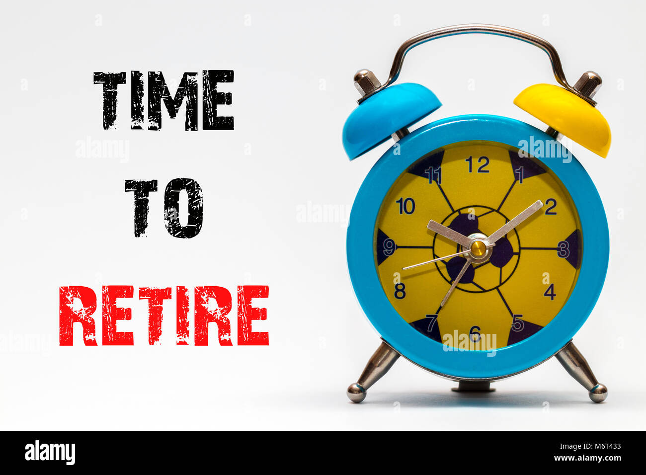 It's time to retire on a white background. Retro alarm clock Stock Photo - Alamy