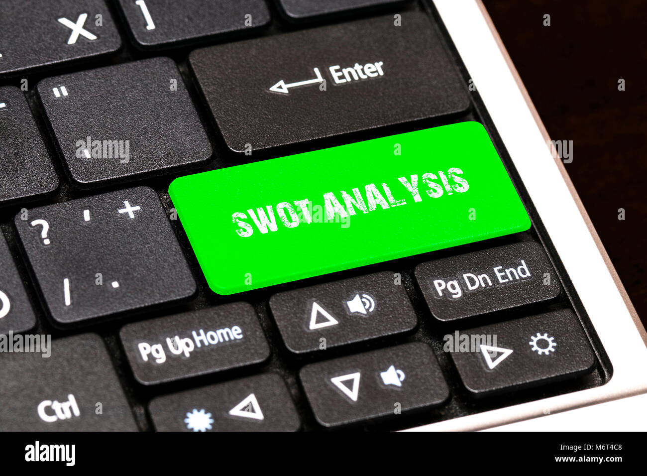 On the laptop keyboard the green button written SWOT ANALYSIS Stock ...