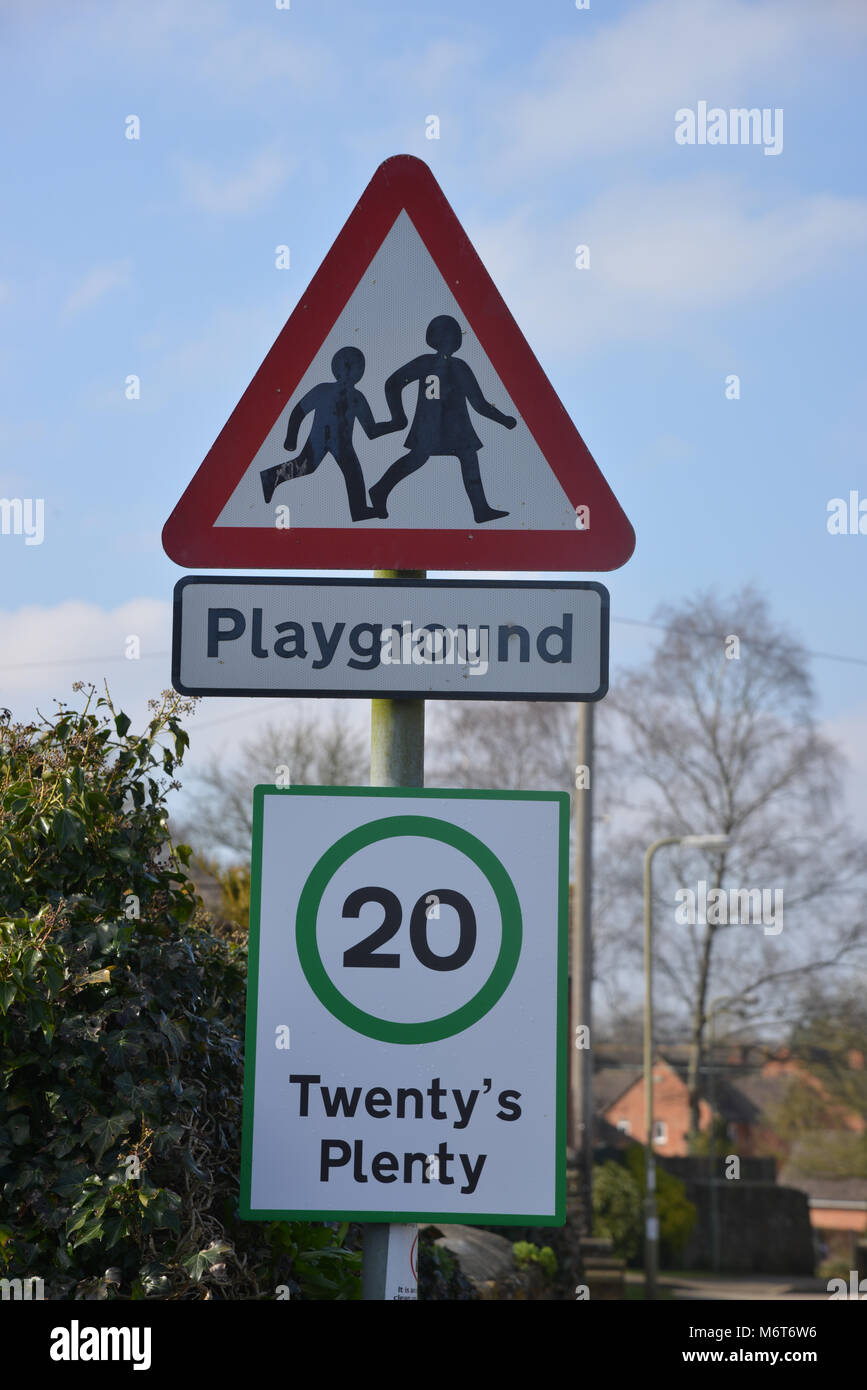 20 is plenty sign and playground sign in the north Oxfordshire village ...