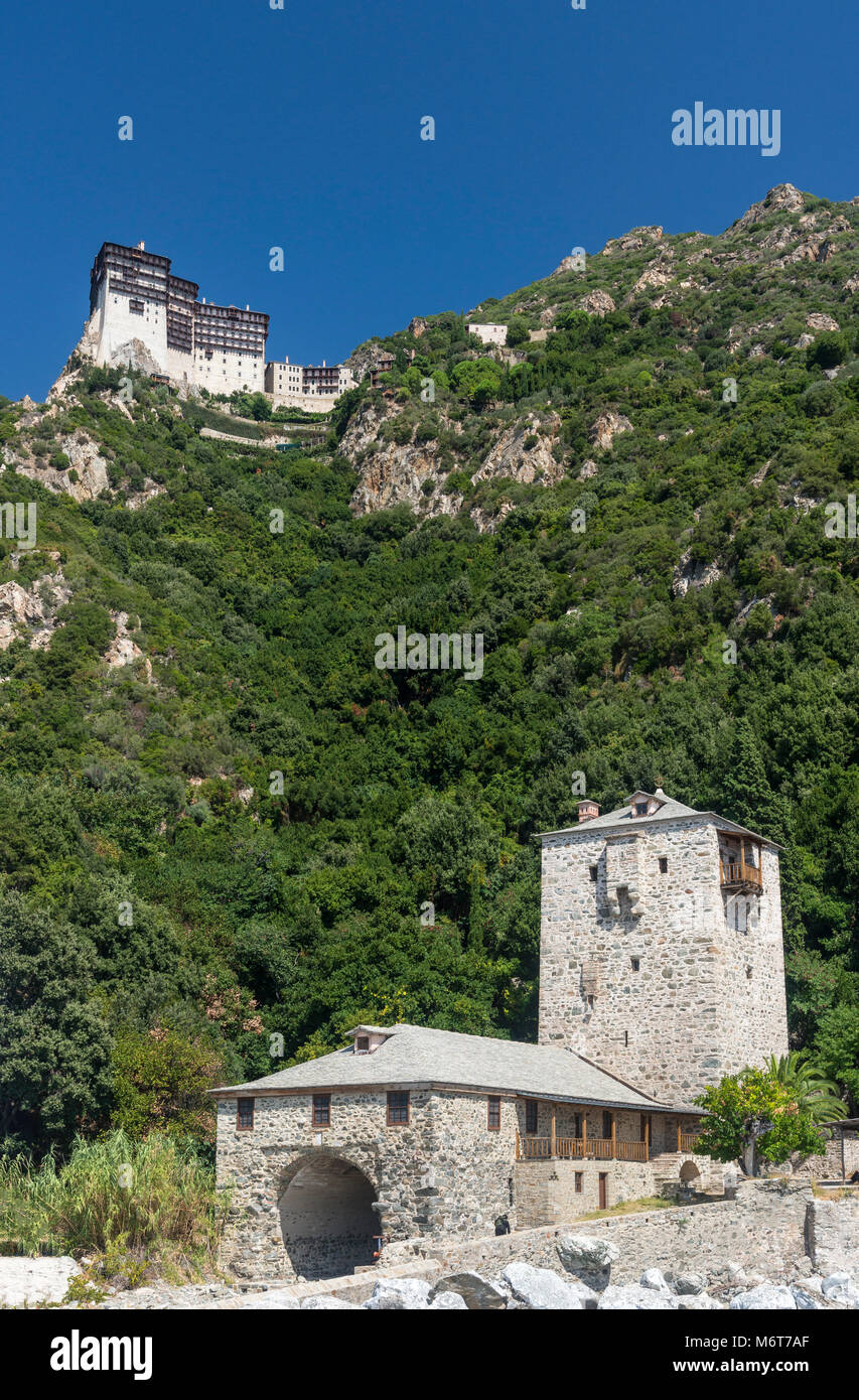 Simonopetra monastery perched high above the tower of its little ...