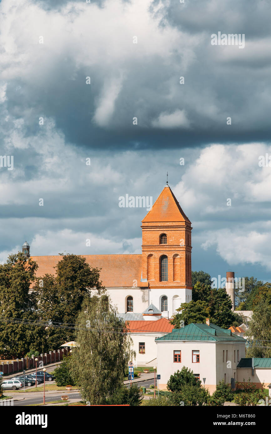 Mir, Belarus. Landscape Of Village Houses And Saint Nicolas Roman ...