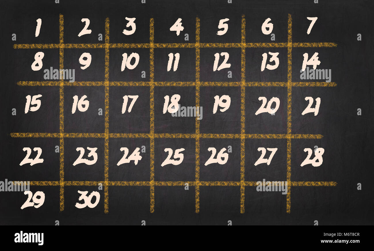 Monthly Calendar with 30 days on chalkboard background Stock Photo - Alamy