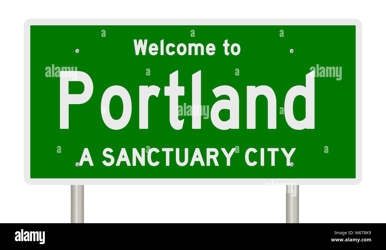 Rendering of a green highway sign for sanctuary city Portland Oregon ...