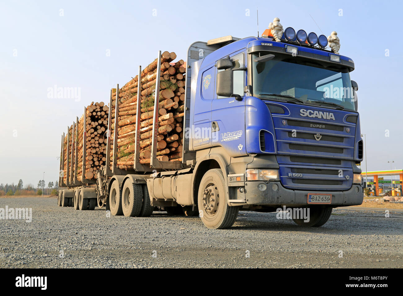 FORSSA, FINLAND - MARCH 1, 2014: Scania timber truck R560 with V8 ...