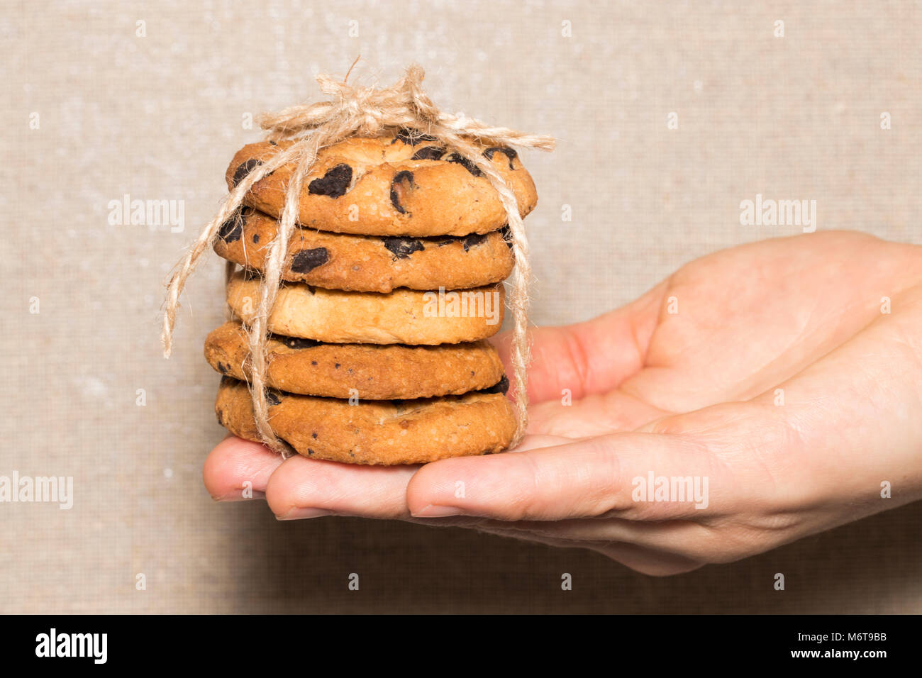 Hands hold chocolate cookies chocolate chip cookies tied up with a ...