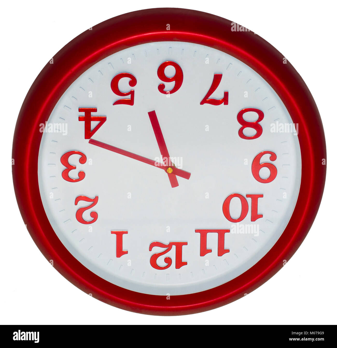 Red wall clock isolated on white background Stock Photo - Alamy