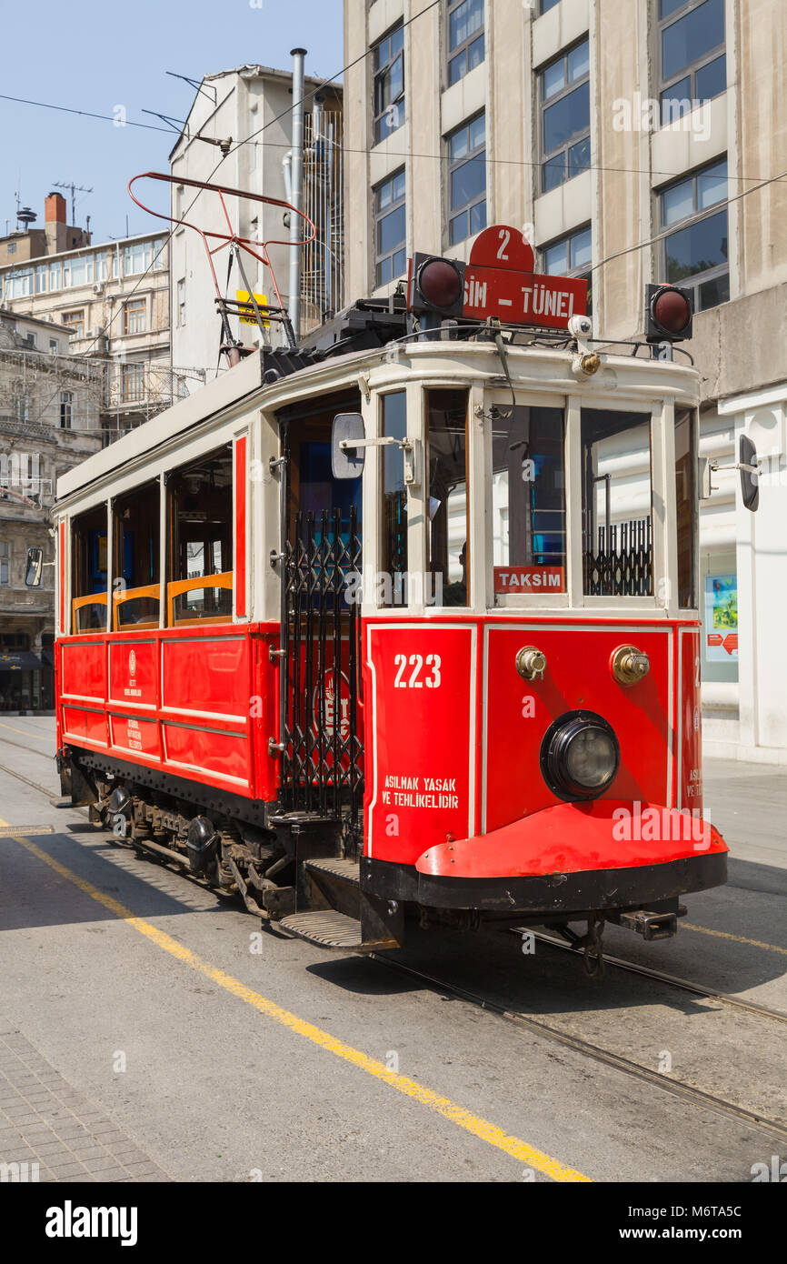 Istanbul, Turkey - July 1, 2016: Traditional red tram goes on Istiklal ...