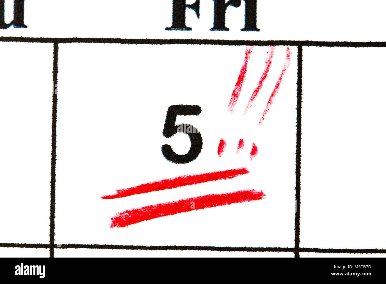Mark the date number 5. The fifth day of the month is marked with a red ...