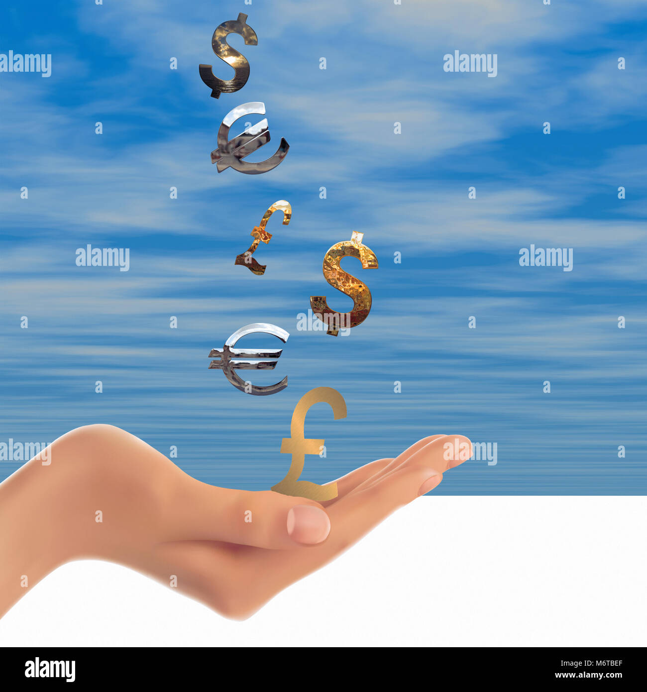 Universal Currency Symbols falling from the sky into a womans hand ...