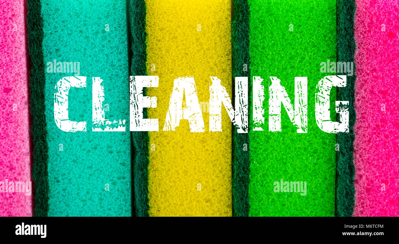 Cleaning service concept.Sponge texture background with inscription ...