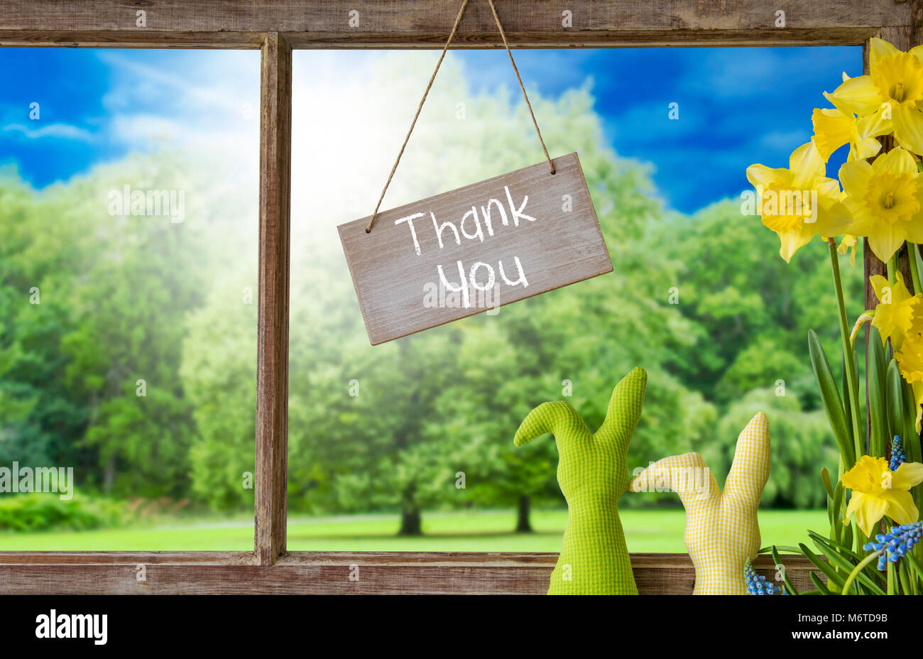 Sign With English Text Thank You. Window Frame With View To Beautiful ...